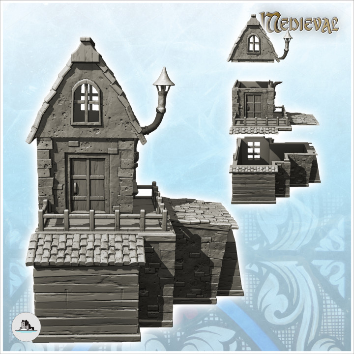 3D Printable Medieval house with entrance under porch, two-storey ...