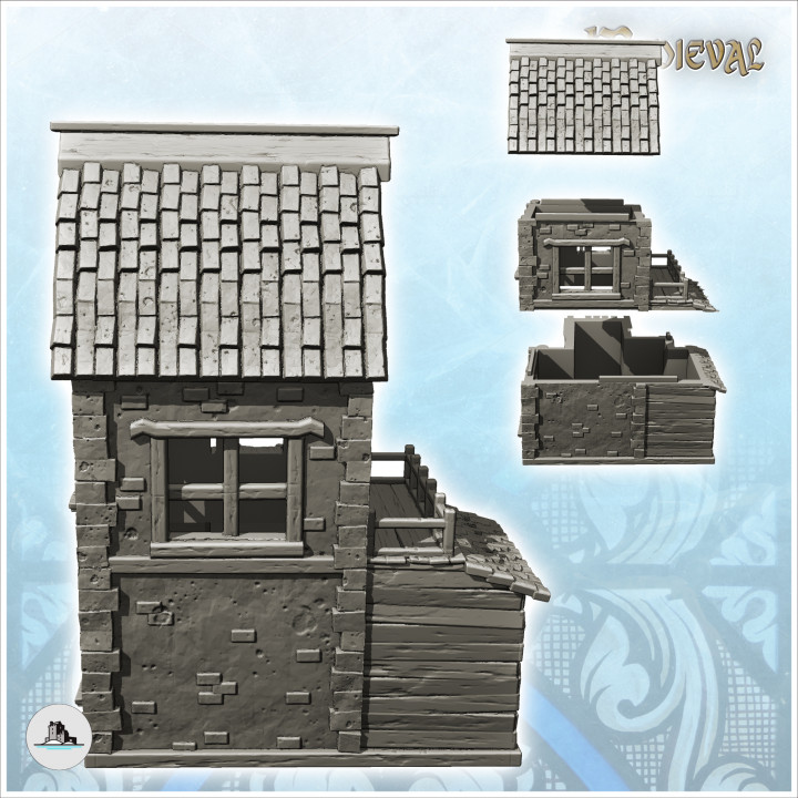 3D Printable Medieval house with entrance under porch, two-storey ...