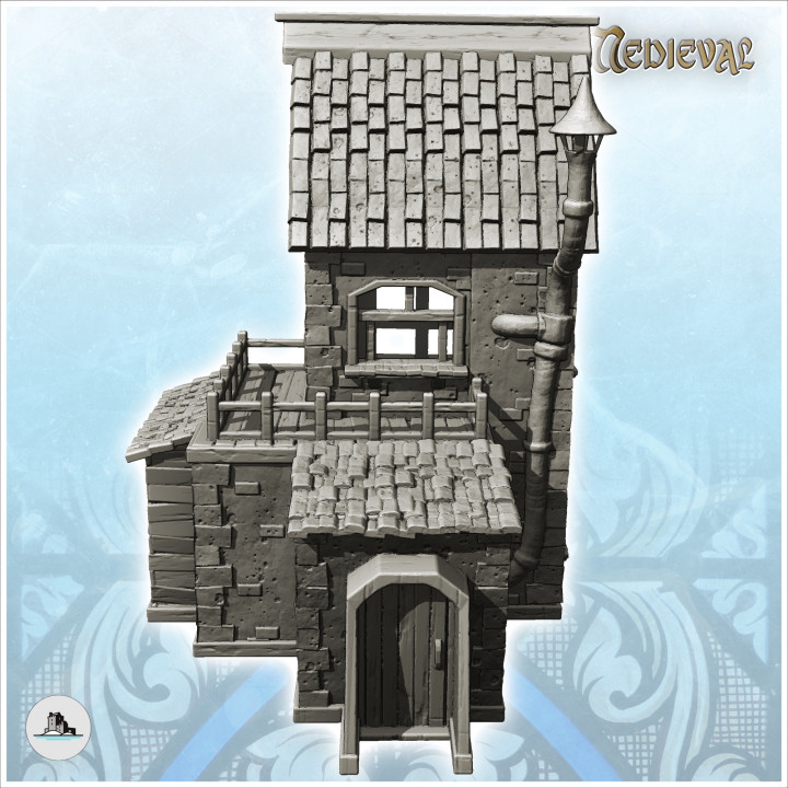 3D Printable Medieval house with entrance under porch, two-storey ...