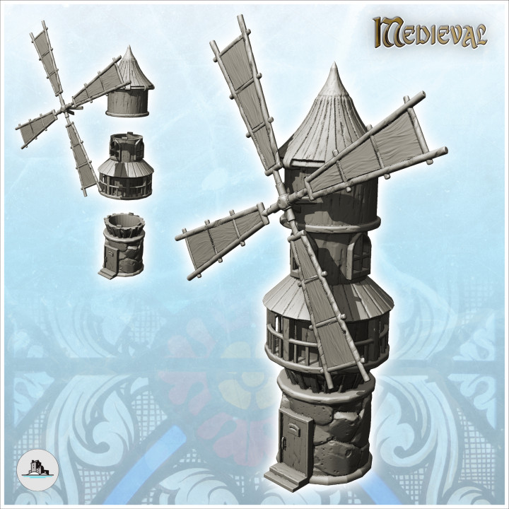 3D Printable Large tower-shaped medieval mill with exposed stone base ...