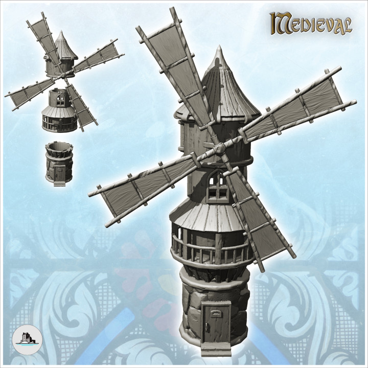 3D Printable Large tower-shaped medieval mill with exposed stone base ...