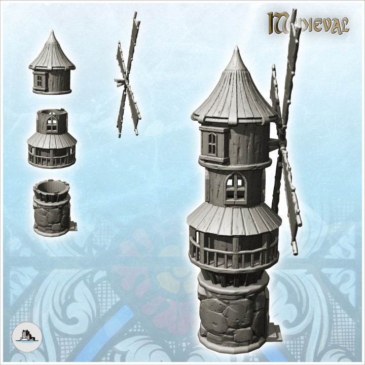 3D Printable Large tower-shaped medieval mill with exposed stone base ...