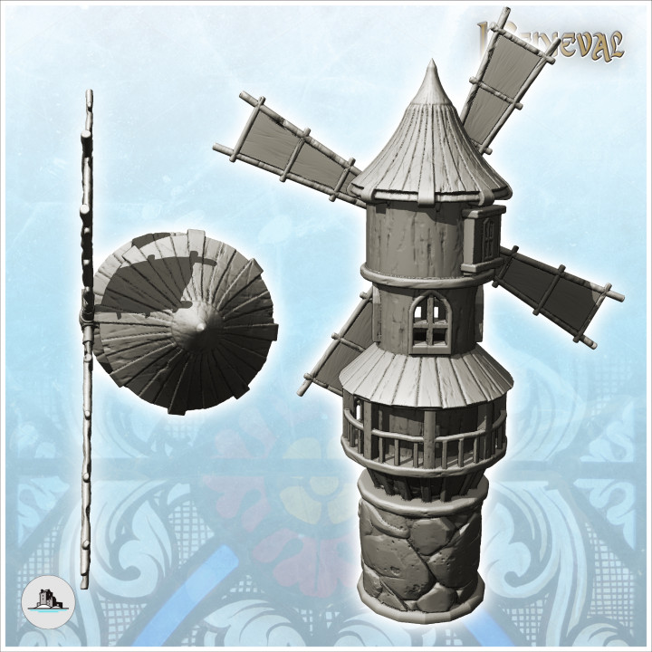 3D Printable Large tower-shaped medieval mill with exposed stone base ...