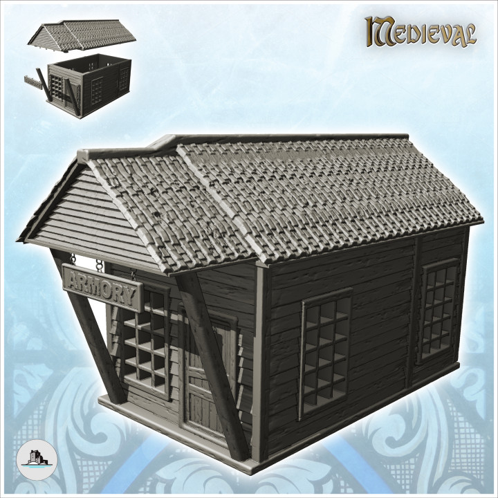 3D Printable Medieval wooden armory with tiled roof and large entrance ...
