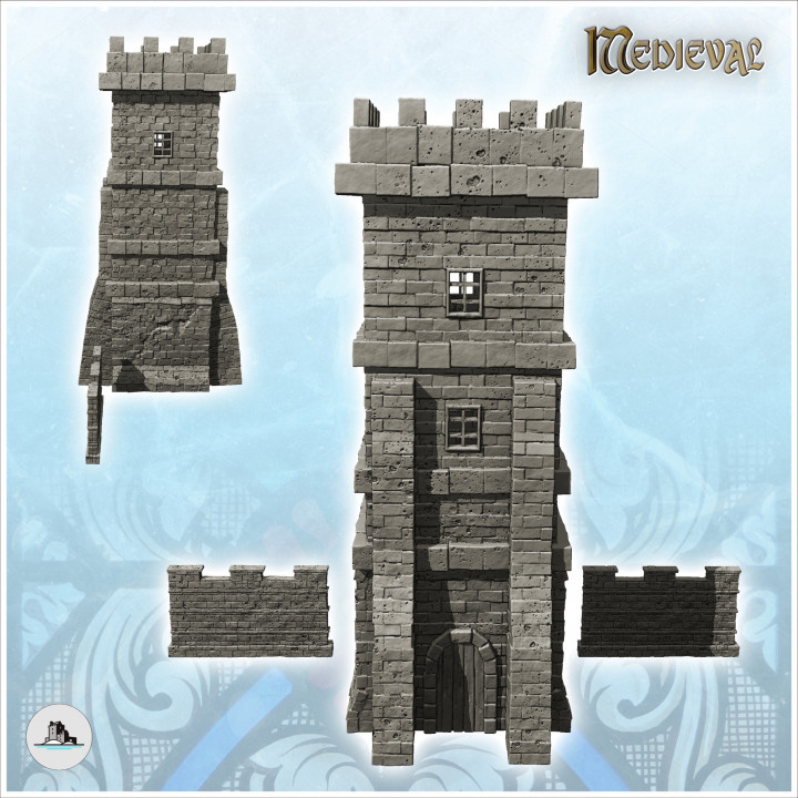 3D Printable Medieval cut stone defense tower with adjoining walls (13 ...