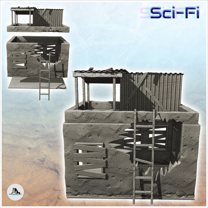 3D Printable Ruined post-apocalyptic house with roof terrace and access ...