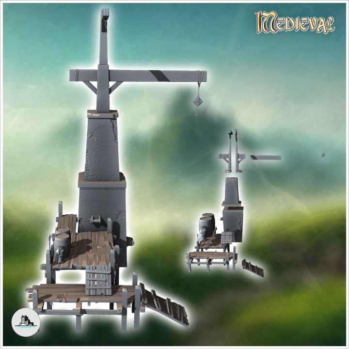 3D Printable Medieval and antique loading crane with wooden pontoon (1 ...