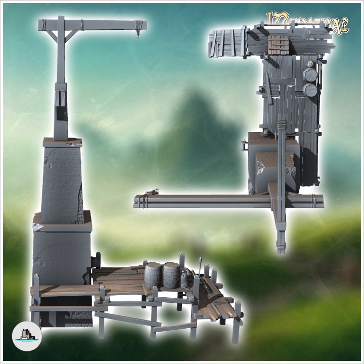 3D Printable Medieval and antique loading crane with wooden pontoon (1 ...