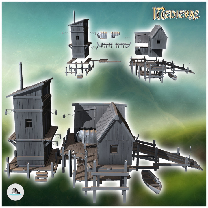 3D Printable Medieval port village with boat ramp and houses (1 ...