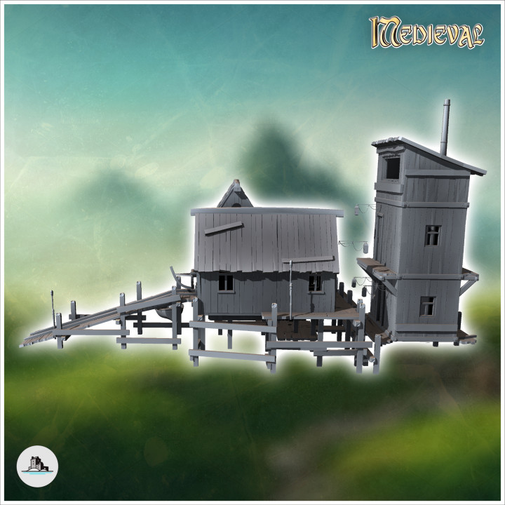 3D Printable Medieval port village with boat ramp and houses (1 ...