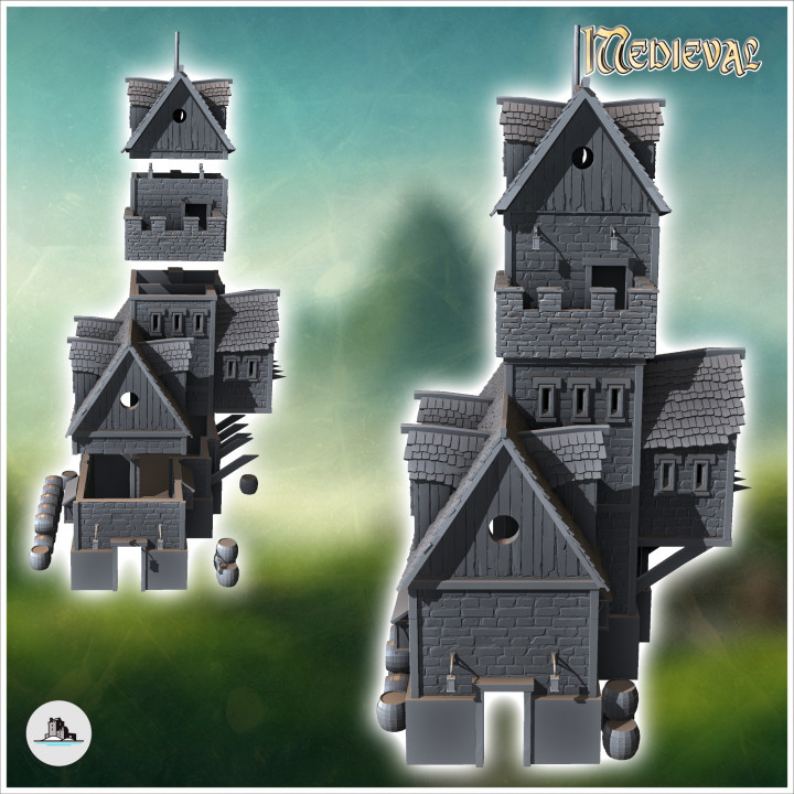 3D Printable Large fortified medieval building with battlements and ...