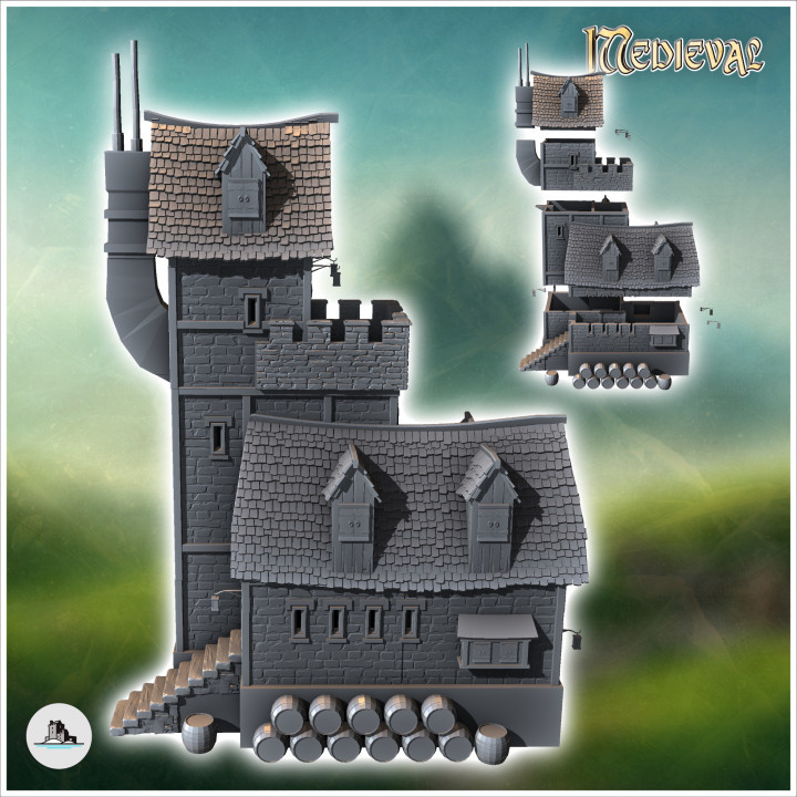 3D Printable Large fortified medieval building with battlements and ...