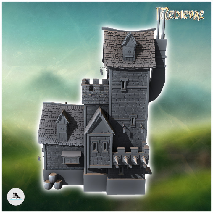 3D Printable Large fortified medieval building with battlements and ...