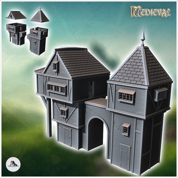 3D Printable Medieval building with tower and central arch (15 ...