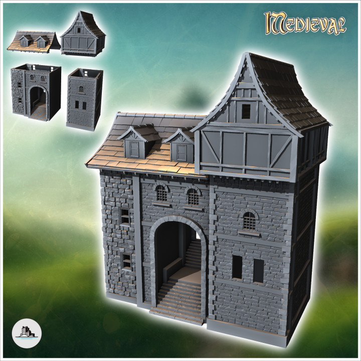 3D Printable Medieval stone building with concave roof and central ...