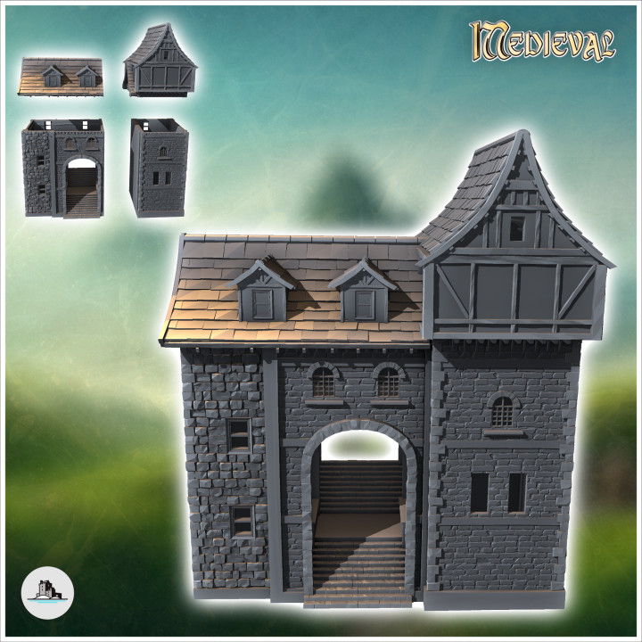 3D Printable Medieval stone building with concave roof and central ...
