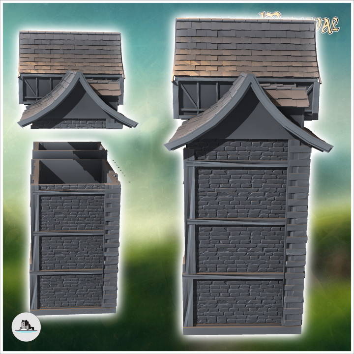 3D Printable Medieval stone building with concave roof and central ...