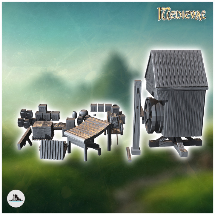 3D Printable Medieval accessories with wooden crane and crates (3 ...