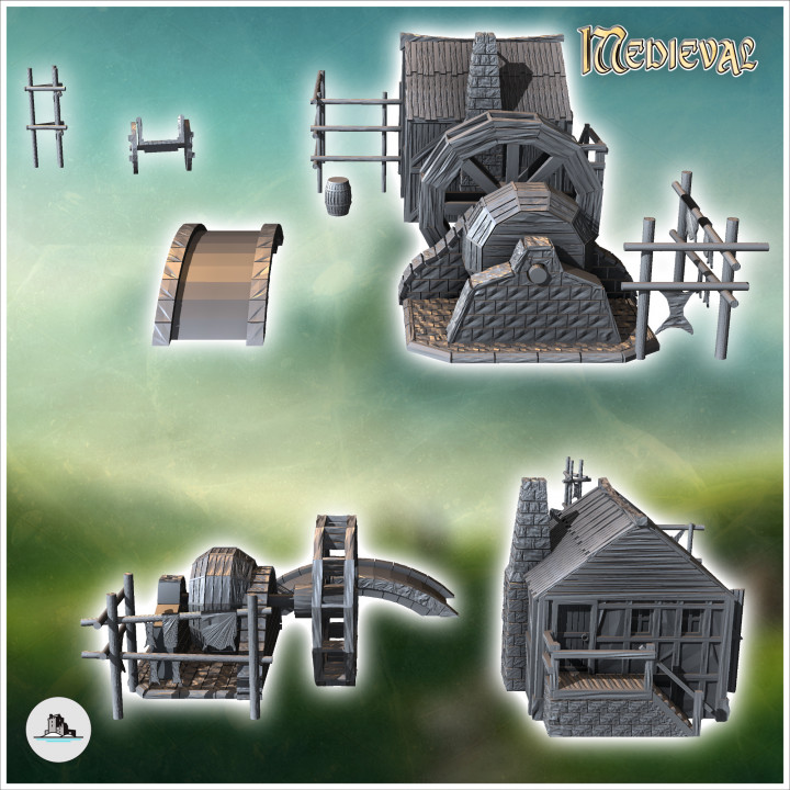 3D Printable Medieval house set with bridge, water mill and skin drying ...