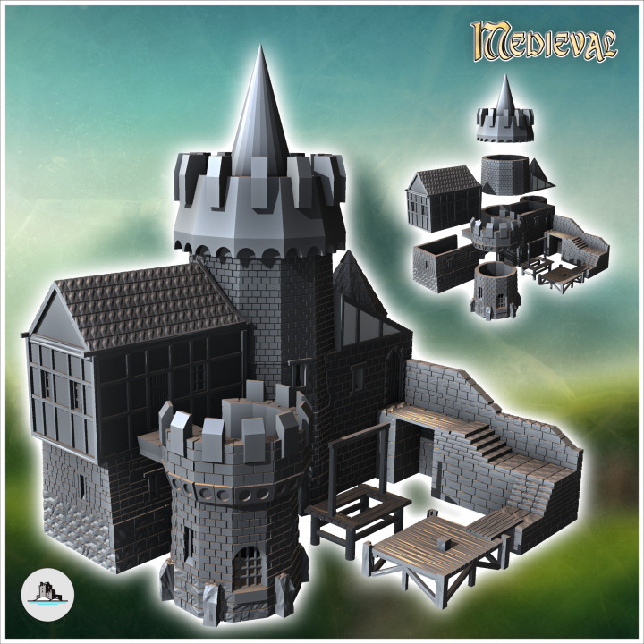 3D Printable Medieval castle with two stone towers, external staircase ...