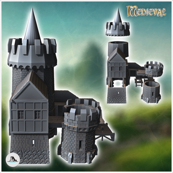 3D Printable Medieval castle with two stone towers, external staircase ...