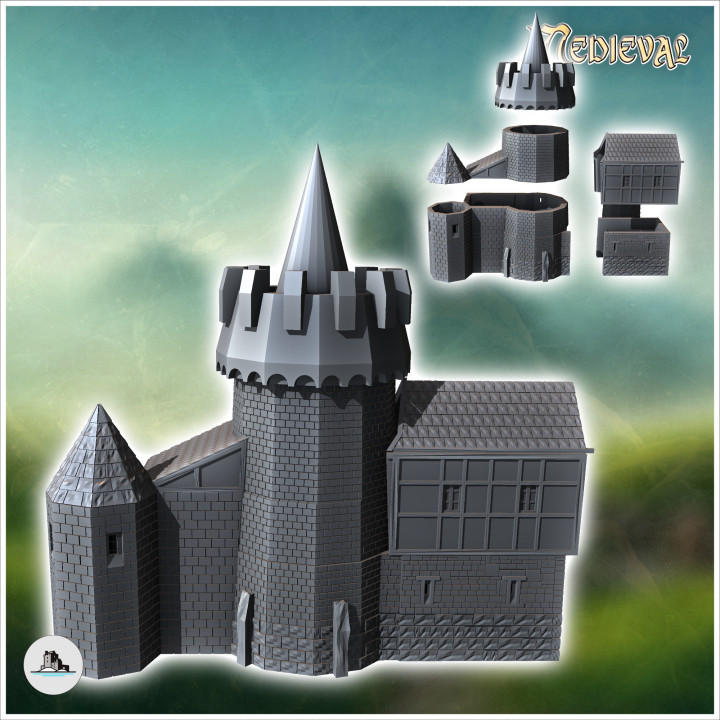 3D Printable Medieval castle with two stone towers, external staircase ...