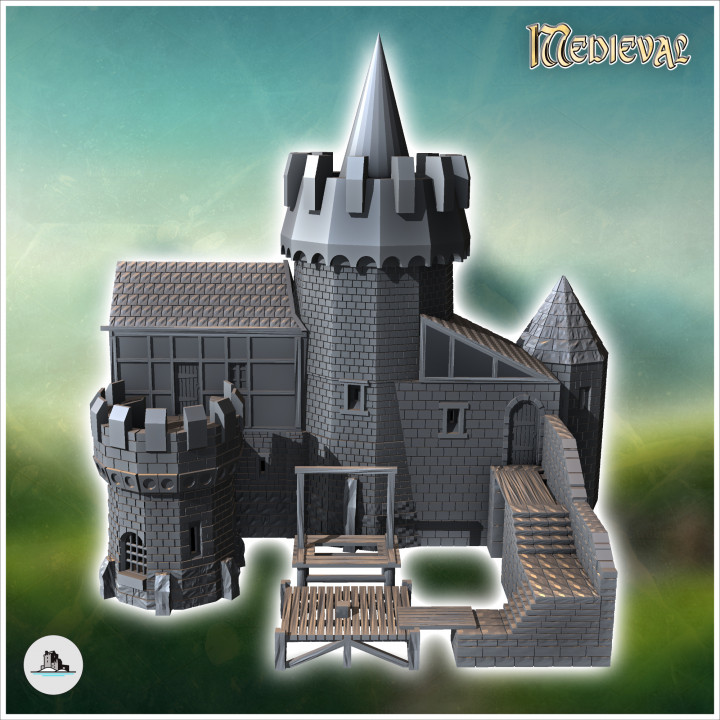 3D Printable Medieval castle with two stone towers, external staircase ...