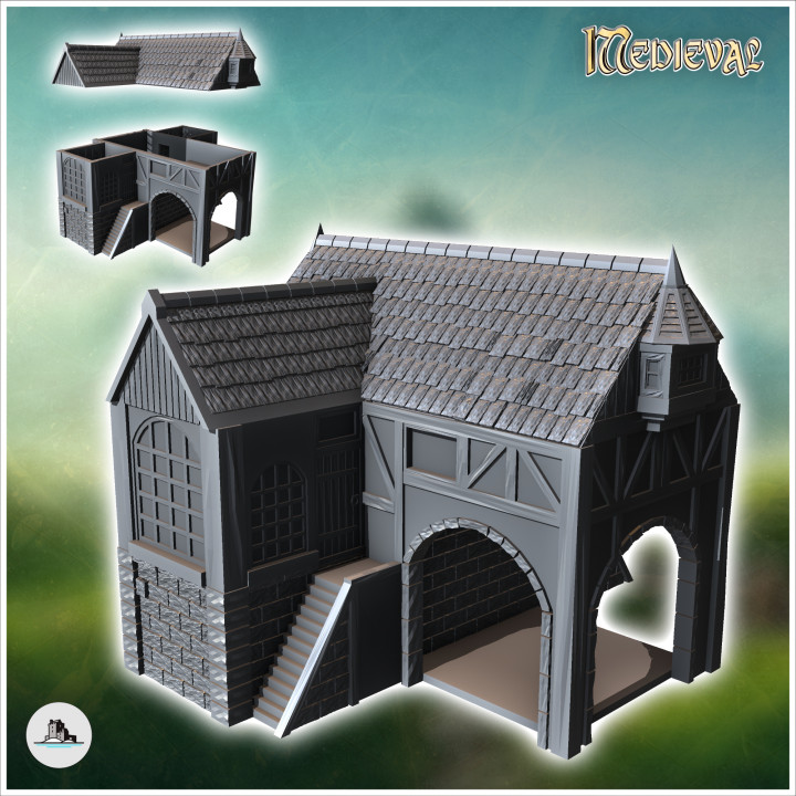 3D Printable Medieval building with external stone staircase and large ...
