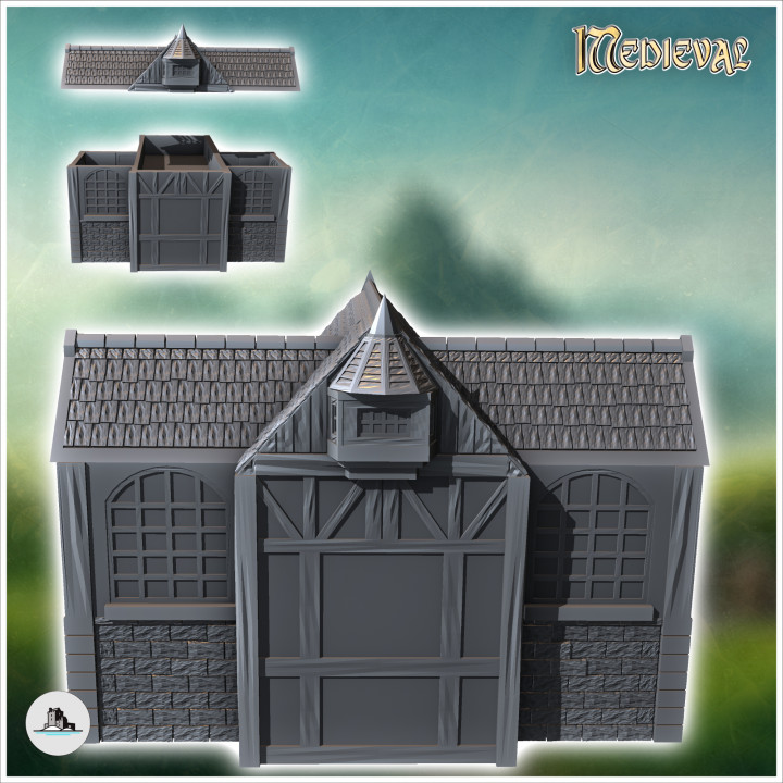 3D Printable Medieval building with external stone staircase and large ...