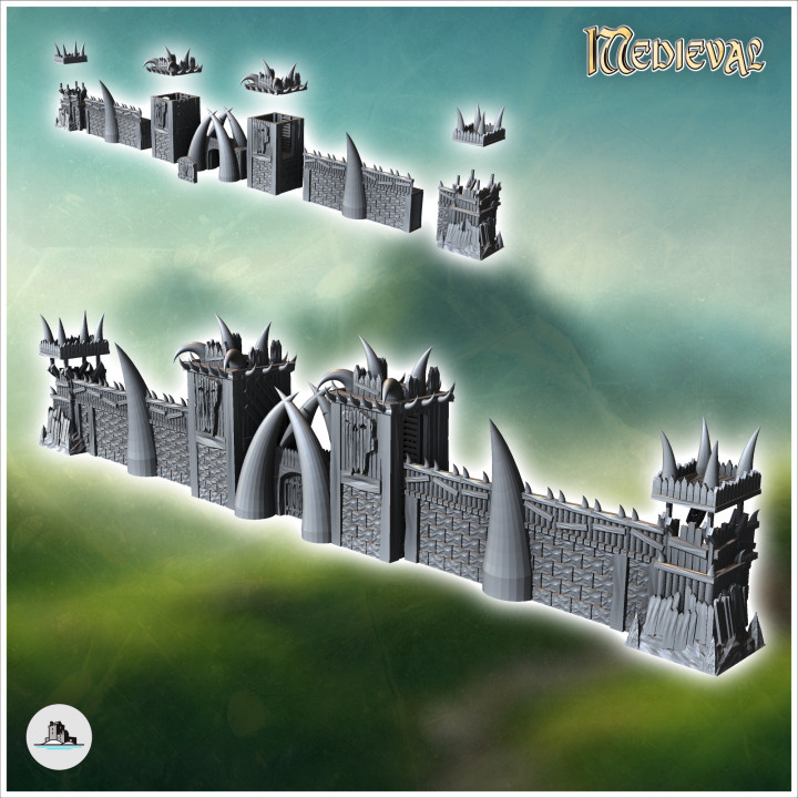 3D Printable Medieval modular orc wall with orc heads and wooden towers ...