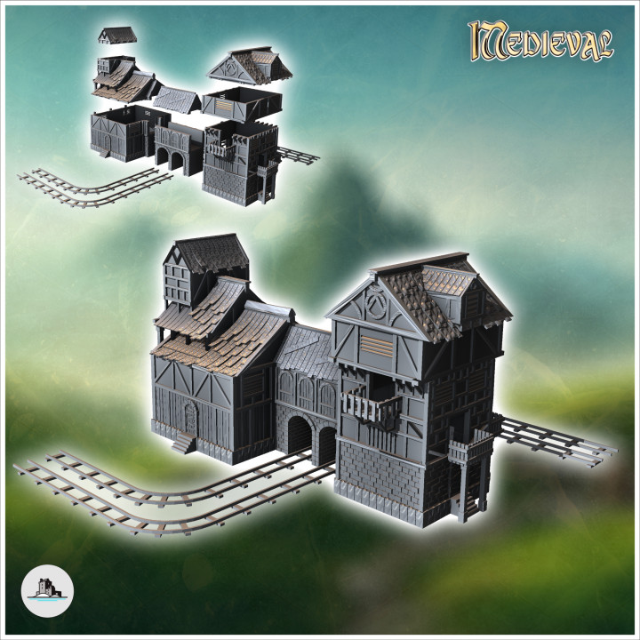 3D Printable Medieval mine building with double central arch and rails ...