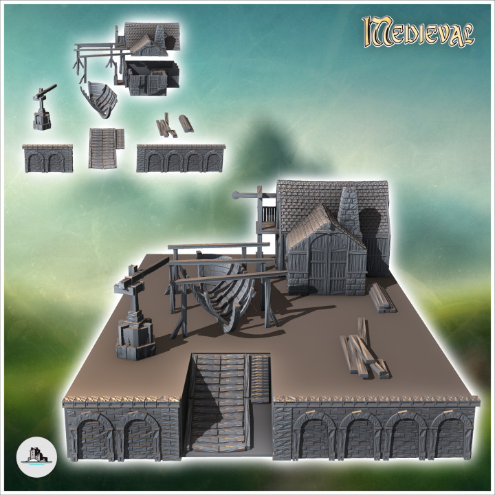 3D Printable Medieval shipbuilding workshop with wooden boat parts ...