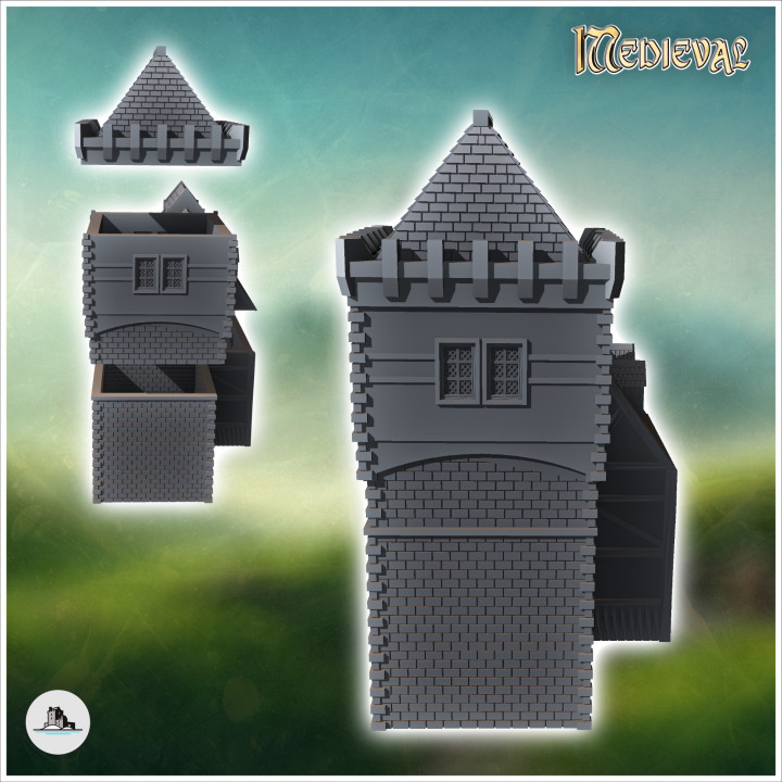 3D Printable Large medieval half-timbered building with stone tower and ...