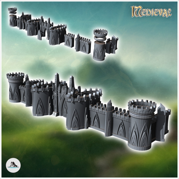 3D Printable Modular Elf Great Wall with Battlement Towers (22 ...