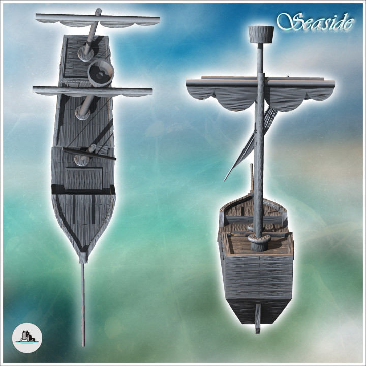 3D Printable Medieval boat with folded sail and mast observation post ...