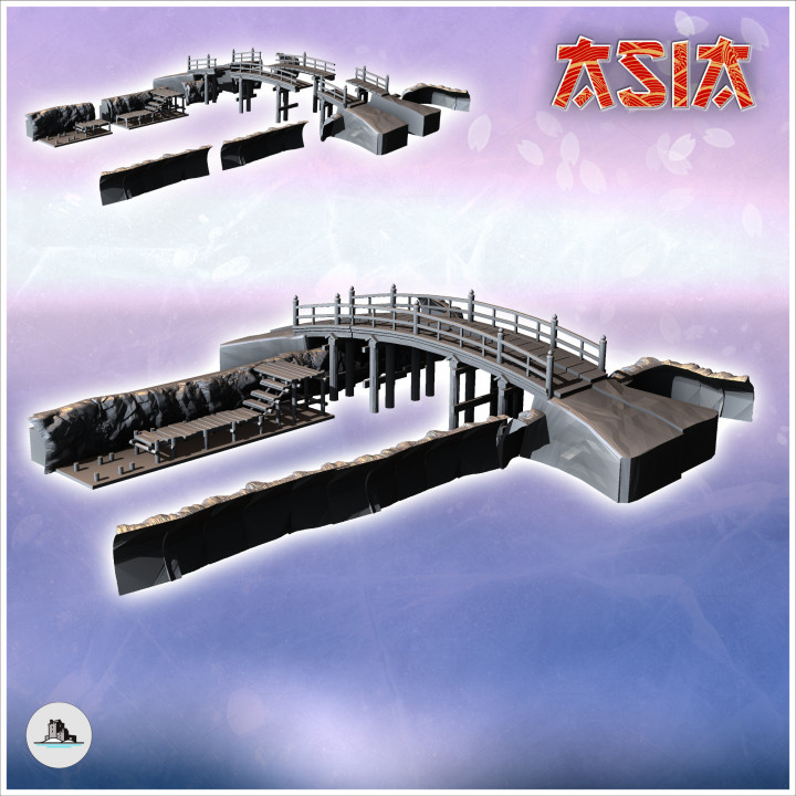 3D Printable Asian wooden bridge set with modular dock and riverbanks ...