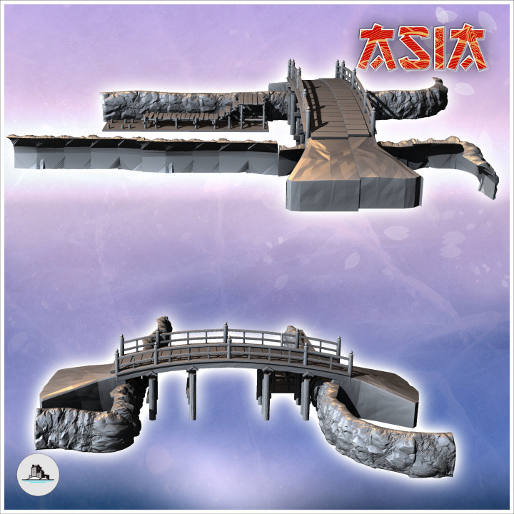 3D Printable Asian wooden bridge set with modular dock and riverbanks ...