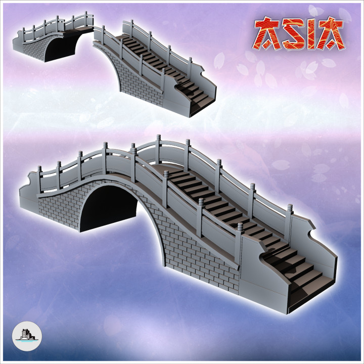3D Printable Asian brick bridge with wooden railing and stair steps (4 ...