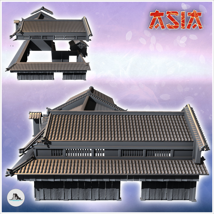 3D Printable Set of two large Asian tiled roofed buildings with two ...