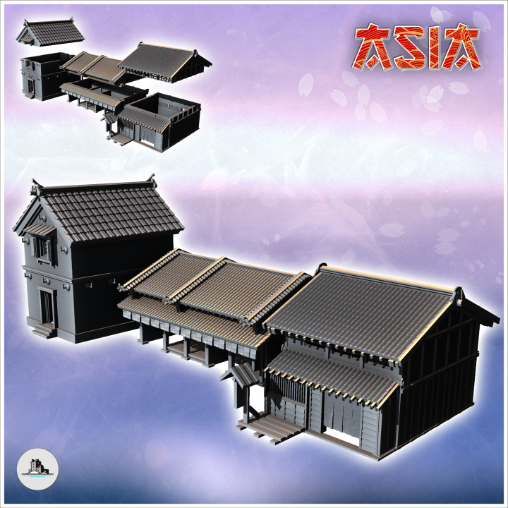 3D Printable Set of three Asian buildings with curved roof and large ...