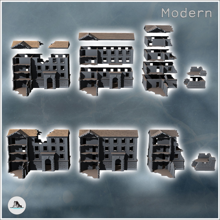 3D Printable Set of three modern ruined buildings with central arch and ...
