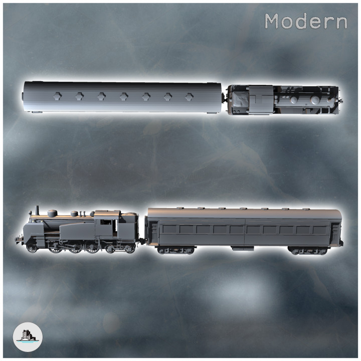 3D Printable Steam train 2-4-4 with passenger car (1) - Modern WW2 WW1 ...