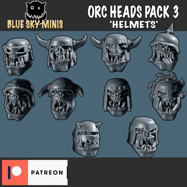 3D Printable Orc Heads Pack 3 'Helmets' by Blue Sky Minis