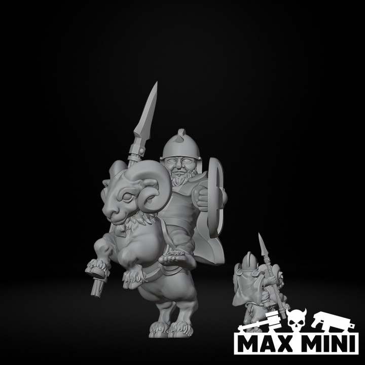 3D Printable Halfling Goat Rider Spear Command by Max Mini