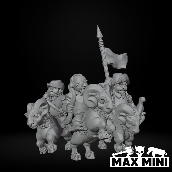 3D Printable Halfling Goat Rider Archer Command by Max Mini