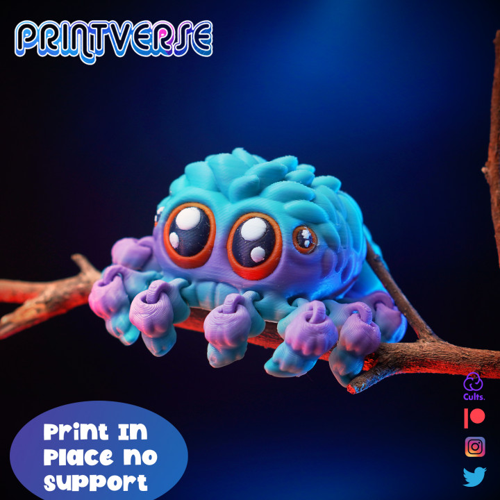 3D Printable Flexy Print In Place Baby Jumping Spider by Printverse