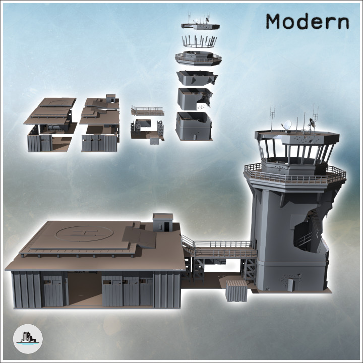 3D Printable Airport building with damaged control tower and large aircraft hangar (2) - Cold ...