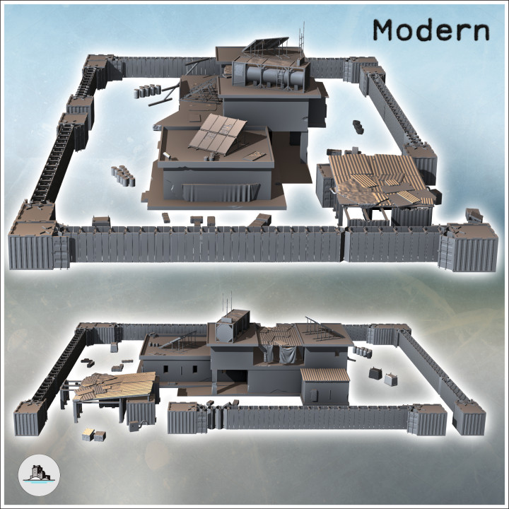 3D Printable Damaged headquarters with metal container enclosure and ...