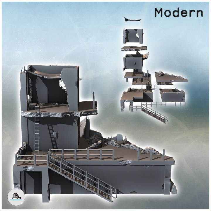 3D Printable Outpost in damaged building with tarpaulin and sandbags on ...