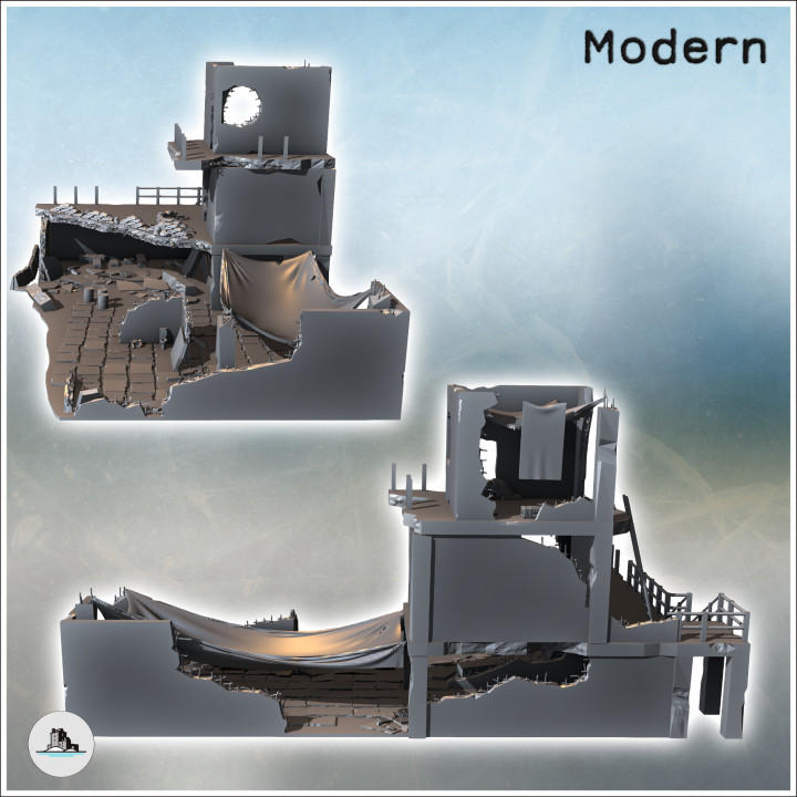 3D Printable Outpost in damaged building with tarpaulin and sandbags on ...